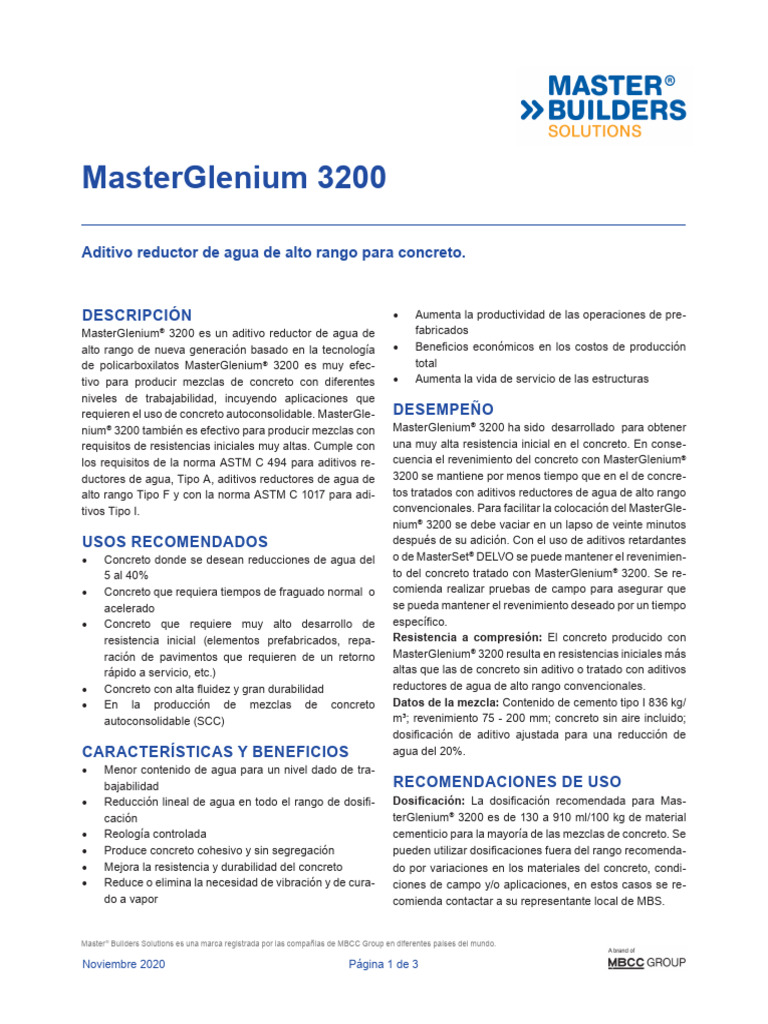 Masterglenium 3200 - Ficha Técnica | PDF | Hormigón | Agua