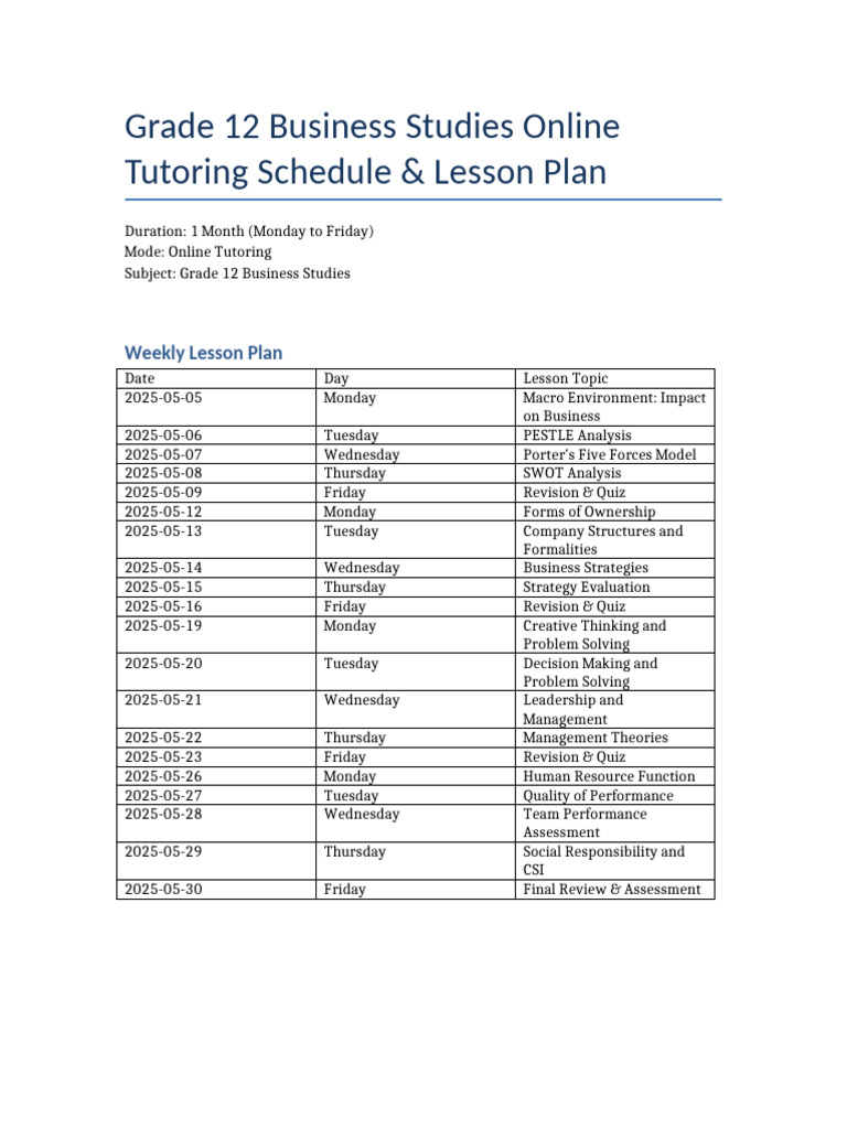 Grade 12 Business Studies Plan | PDF