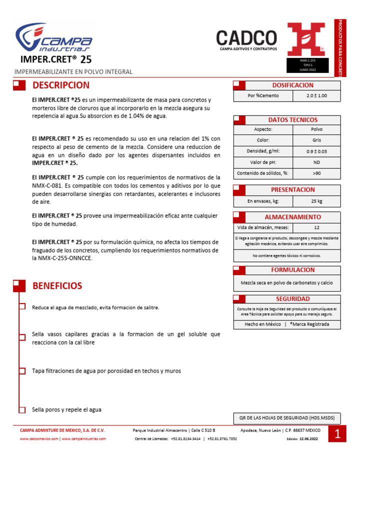Imper Cret 25 HDT 09.2022 | PDF | Hormigón | Cemento