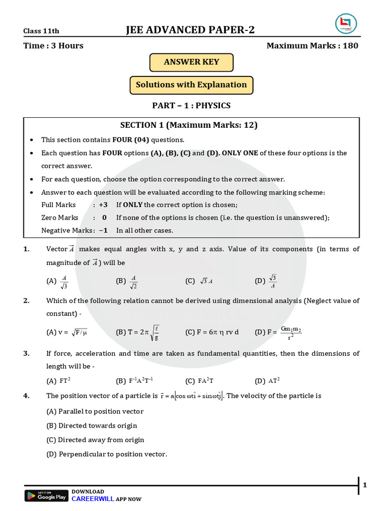JEE Advanced Test 02 Paper 01 Answer Key & Solution Ex | PDF ...