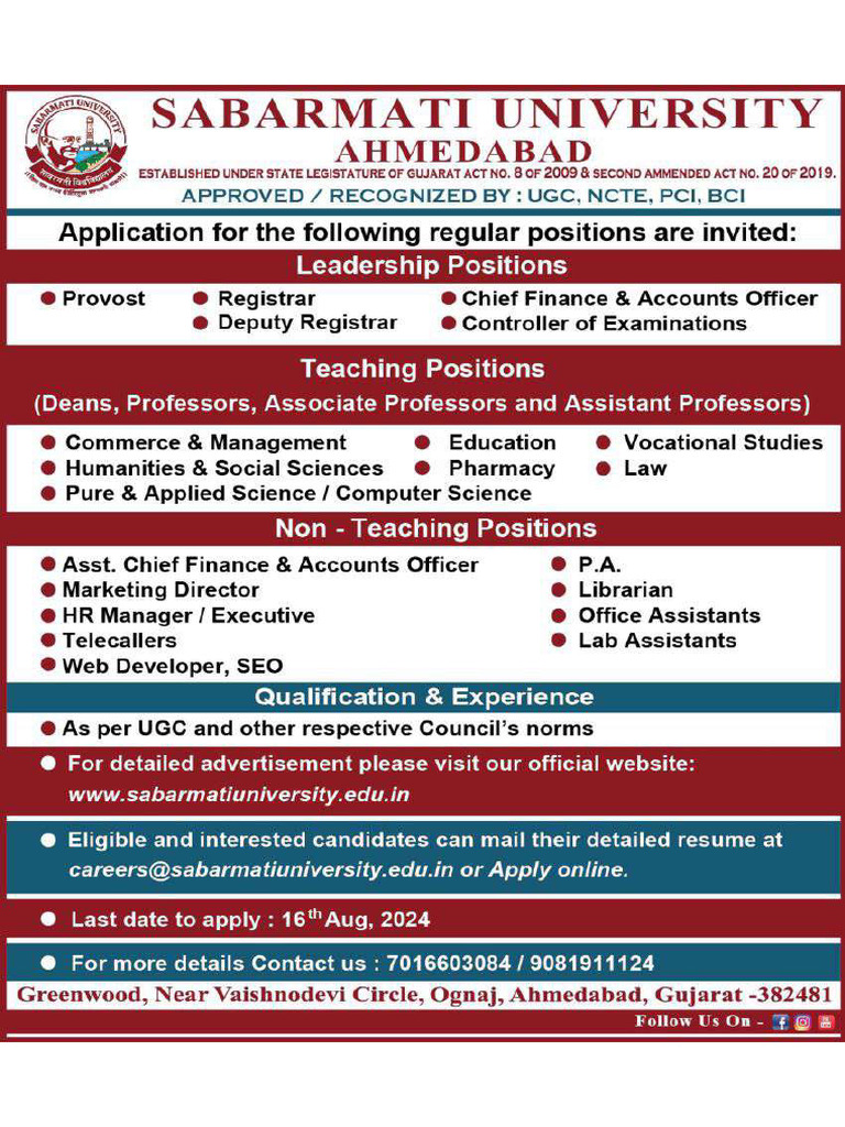 Sabarmati University Recruitment 2024 | PDF
