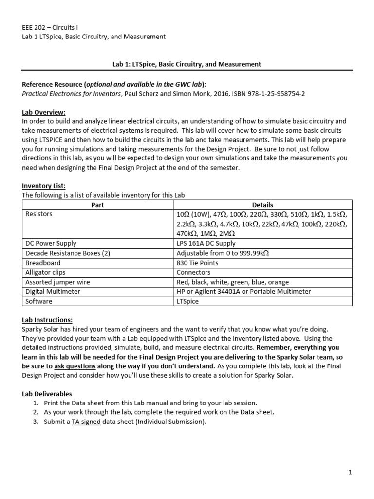 EEE 202 Lab 1 LTSPICE - Basic Circuitry - and Measurement | PDF | Electrical Network | Resistor