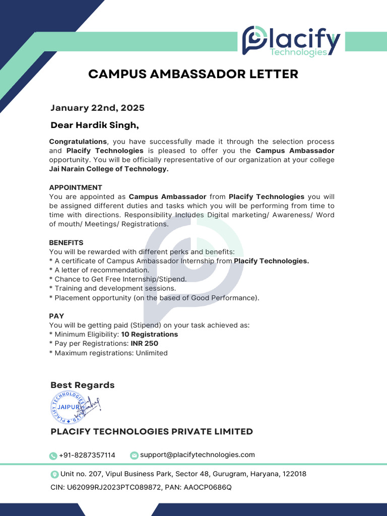 Campus Ambassador Letter - Hardik Singh | PDF