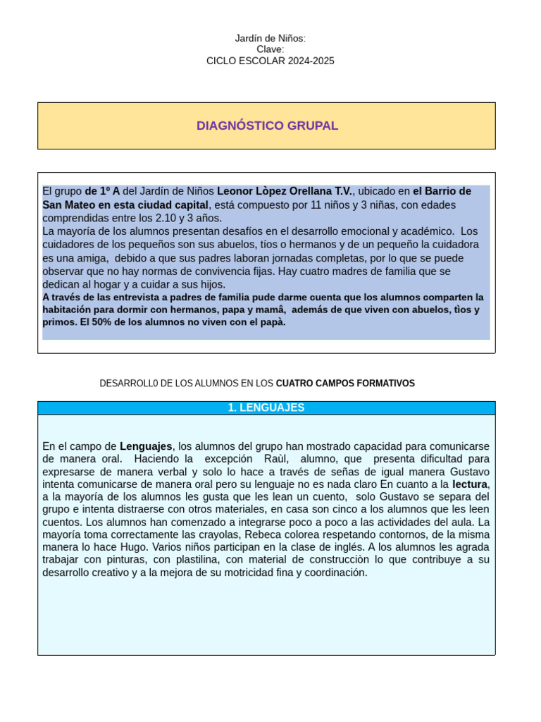 Diagnóstico 1º A | PDF | Educación de la primera infancia | Aprendizaje