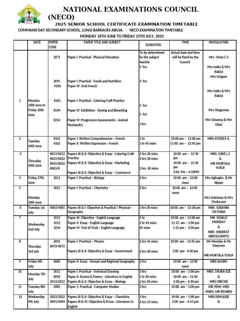 Neco 2025 Ssce Internal Timetable-1 | PDF