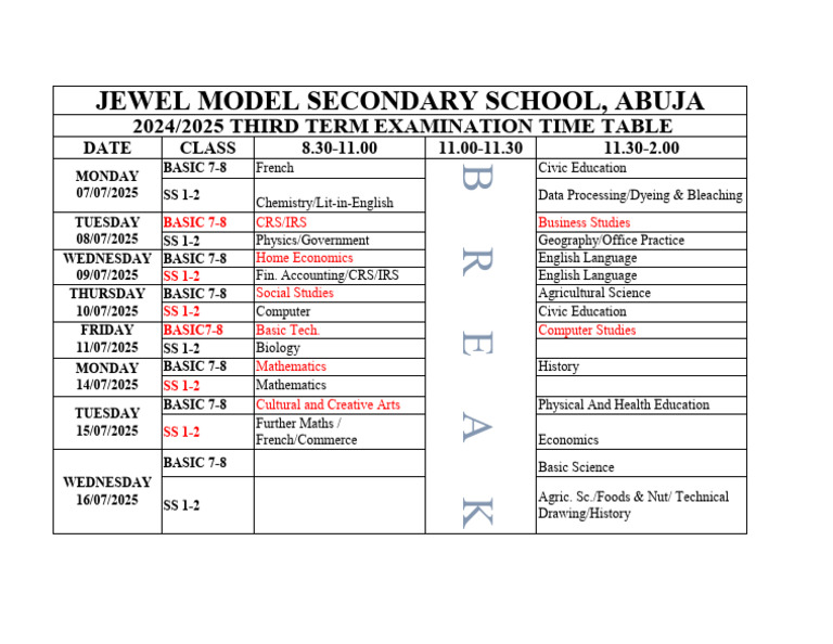 Exam Timetable Third Term 2024 2025 | PDF