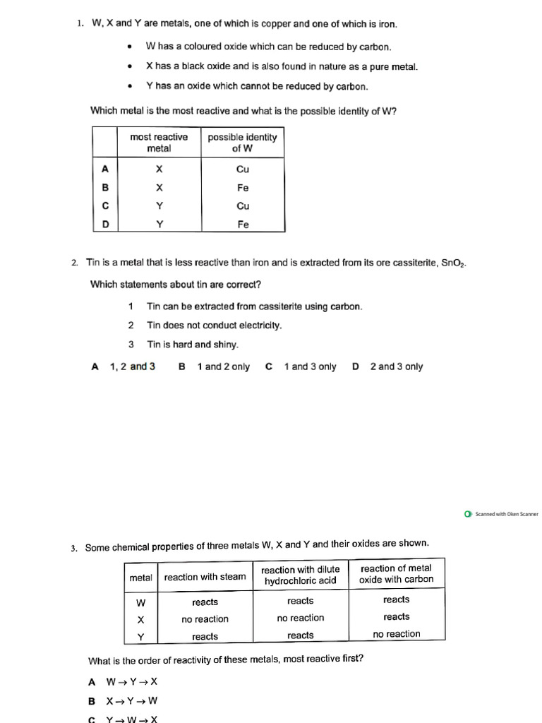 102 Reactivity Series Topic Booklet 2 CIE IGCSE Chemistry | PDF