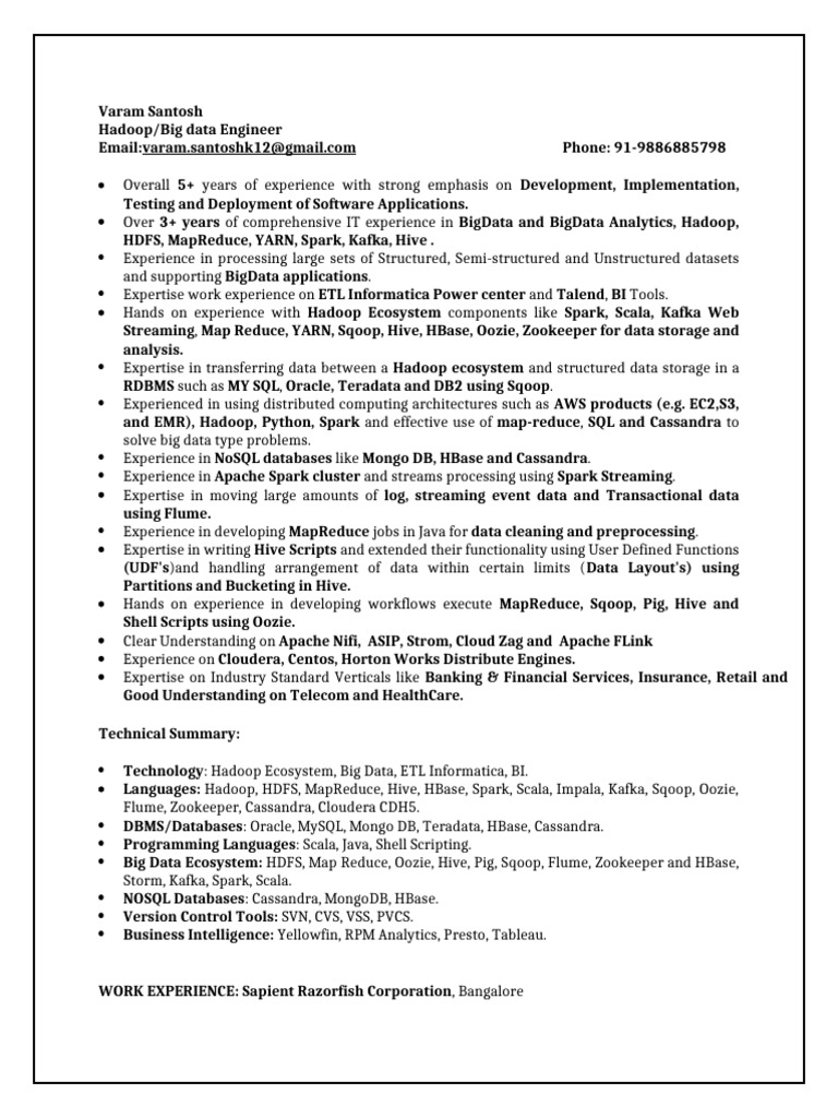 VaramSantosh Hadoop Resume | PDF | Apache Spark | Apache Hadoop