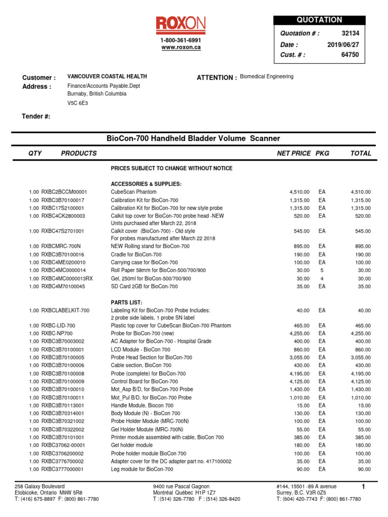 BioCon-700 Quotation for Vancouver Health | PDF | Manufactured Goods