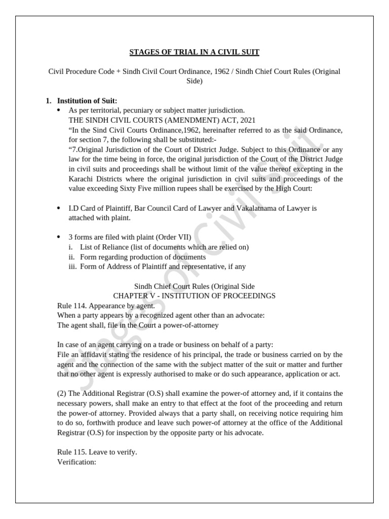 Civil Suit Trial Stages in Sindh Law | PDF | Lawsuit | Summons