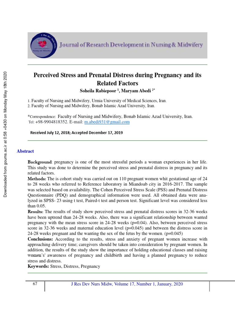 Perceived Stress and Prenatal Distress D | PDF | Pregnancy | Childbirth