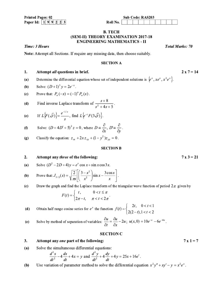 Btech 2 Sem Engineering Mathematics 2 Ras203 2018 | PDF