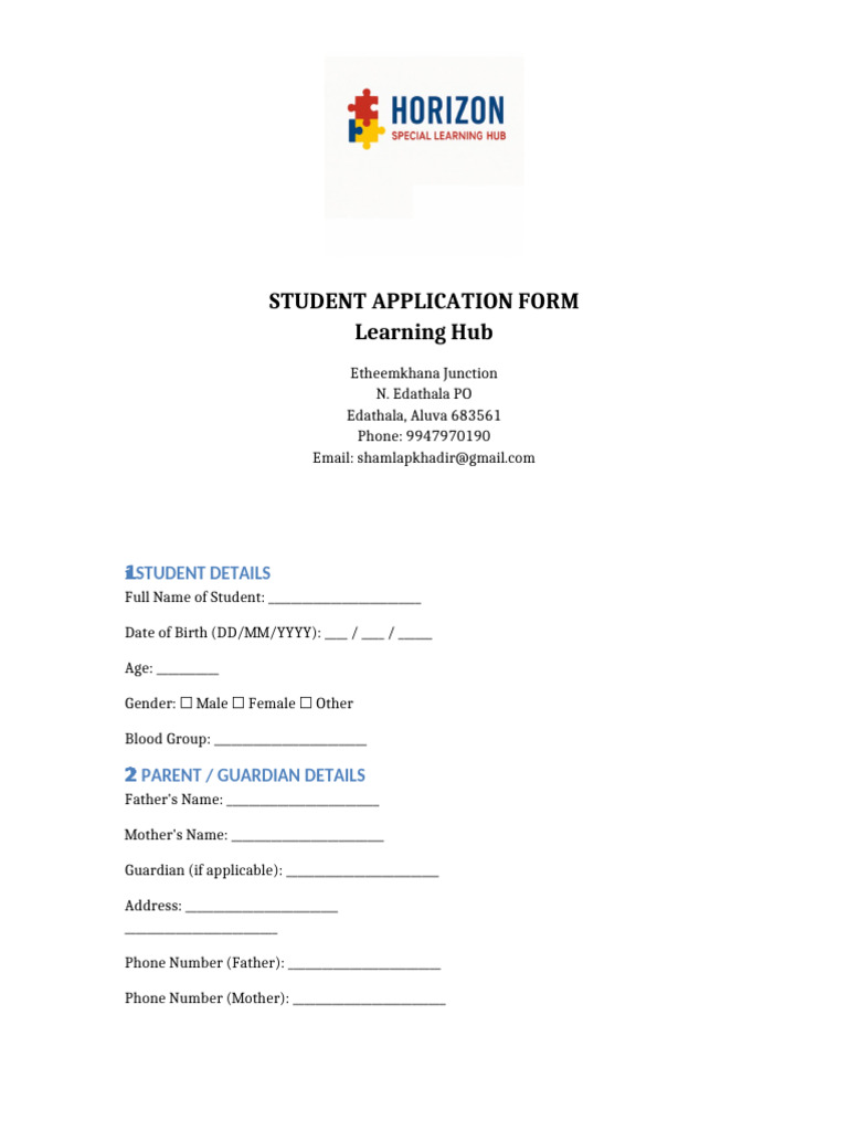 Learning Hub Student Application Form With Logo | PDF
