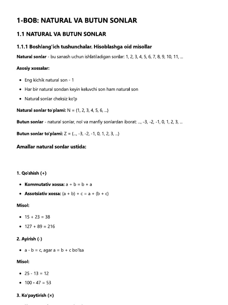 Natural Va Butun Sonlar | PDF