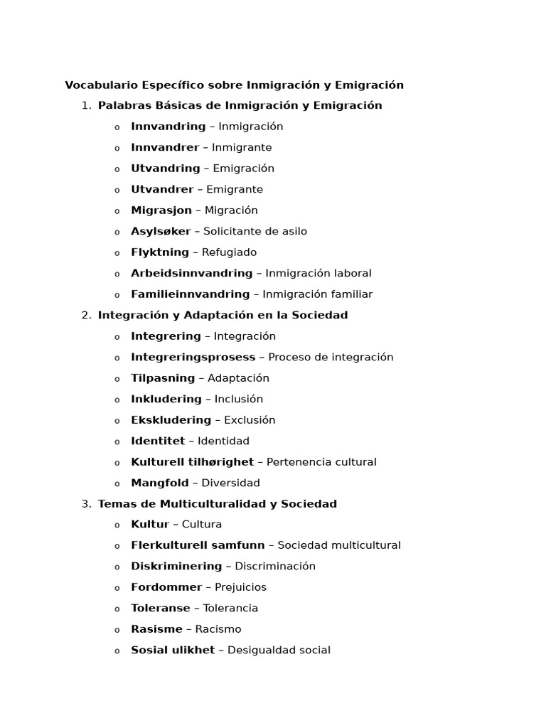 Vocabulario Clave sobre Inmigración y Emigración | PDF ...