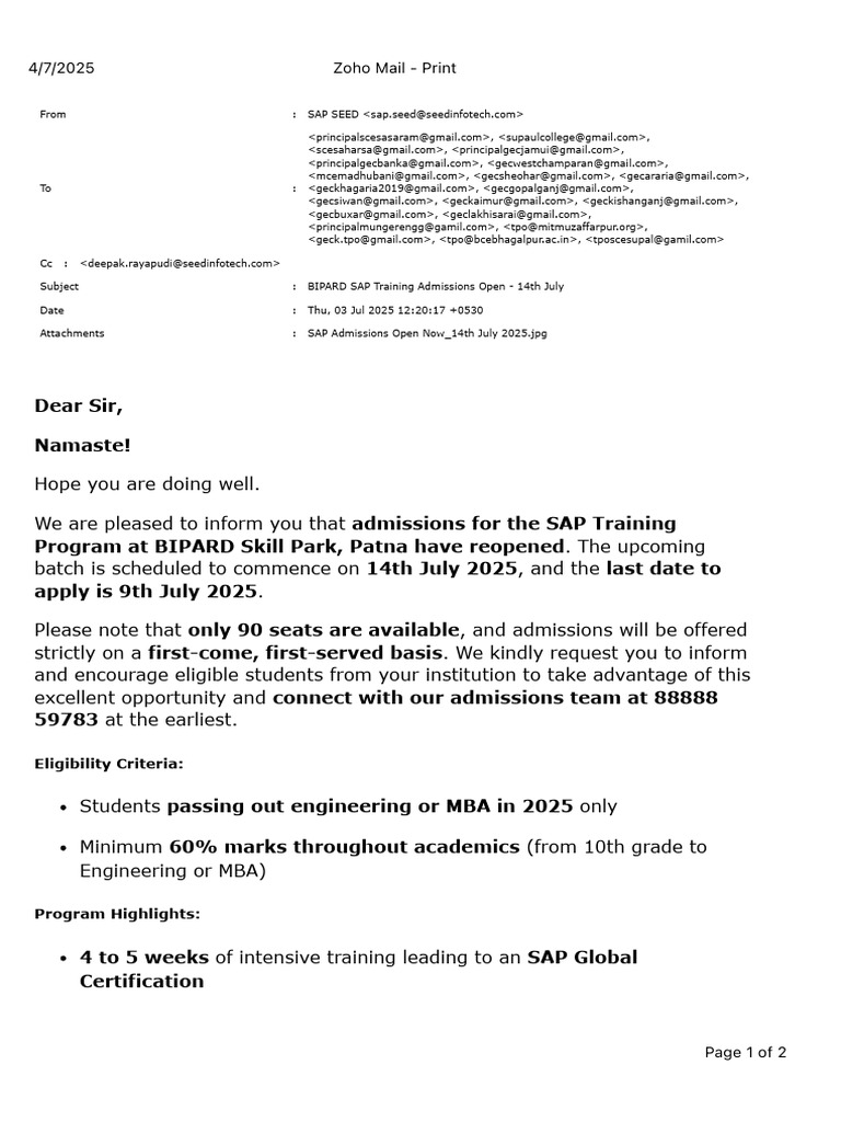 BIPARD SAP Training Admissions Open - 14th July | PDF