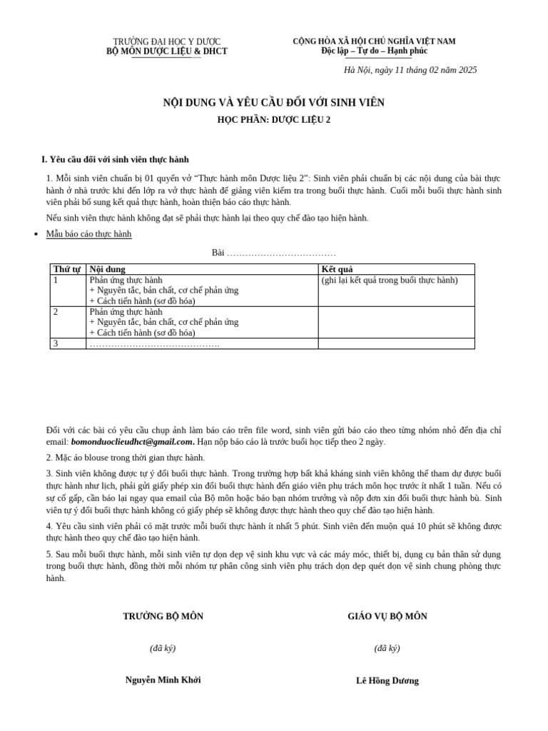 Noi Dung, Yeu Cau Thuc Hanh Mon Duoc Lieu 2 | PDF