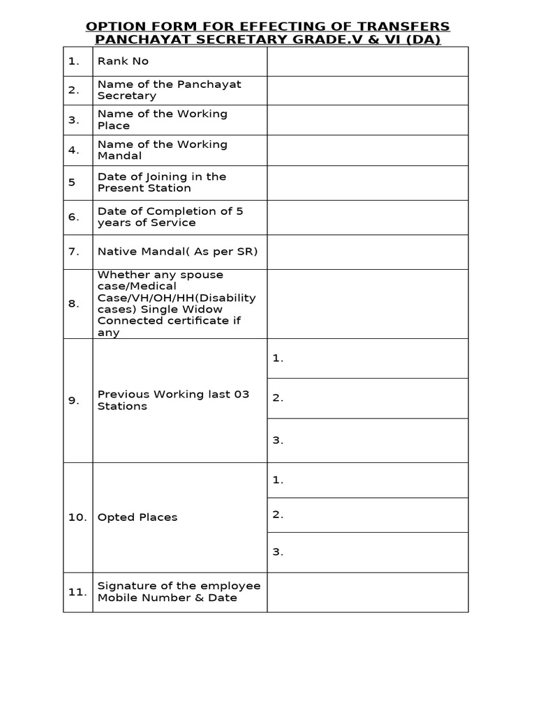 Option Form for Panchayat Transfers | PDF