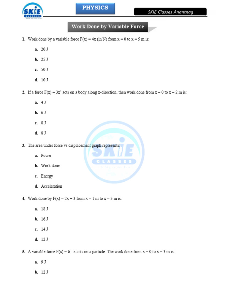 Work Done by Variable Force Examples | PDF