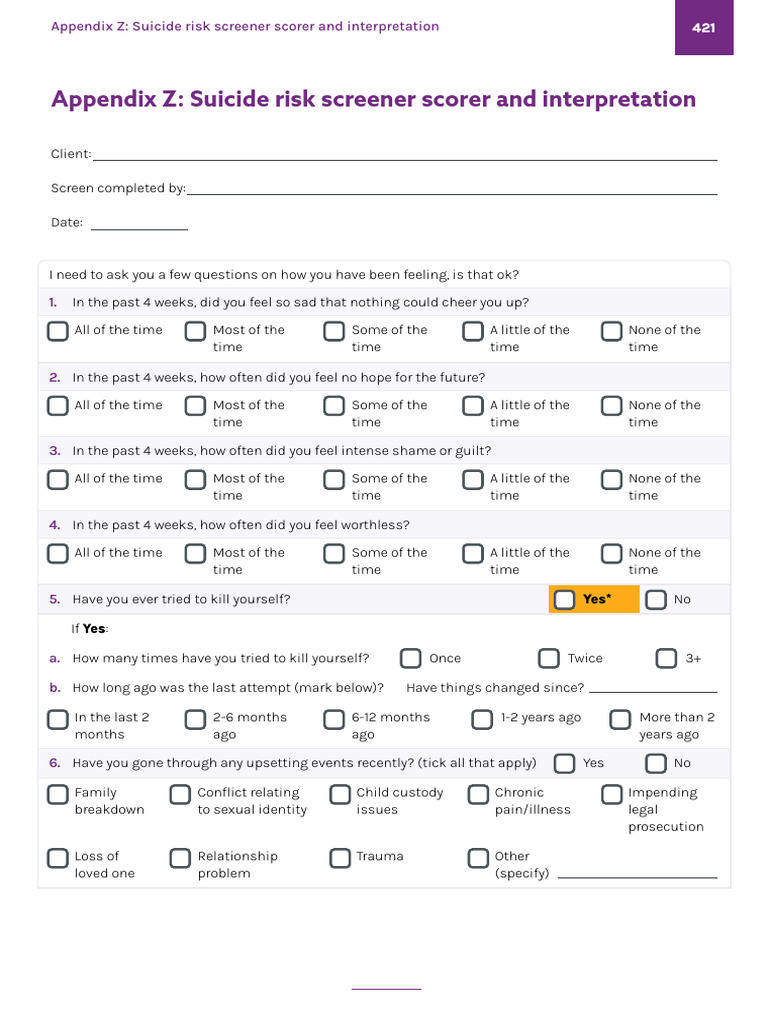 Appendix Z Suicide Risk Screener Scorer | PDF | Risk | Suicide