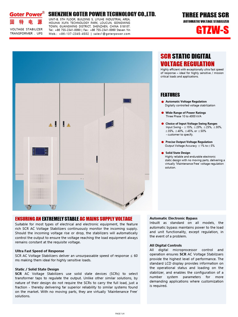 Goter Power - Specification - 3phase SCR Three Phase Voltage Stabilizer | PDF | Transformer ...