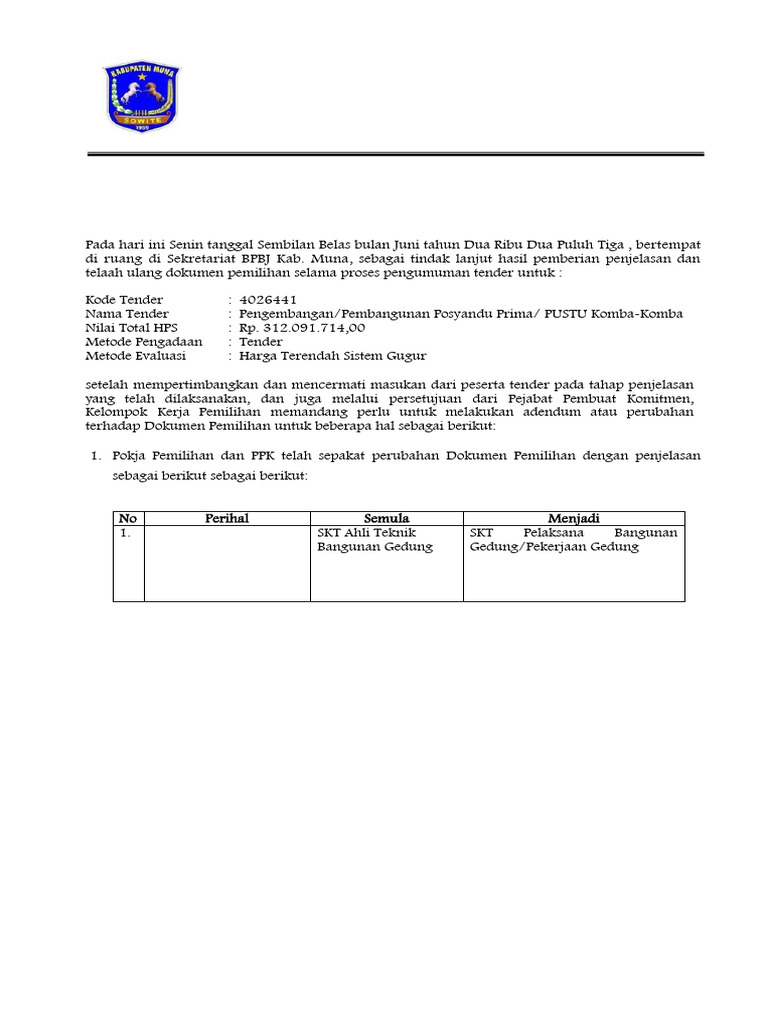 BA Adendum Dokumen Pemilihan Komba Komba | PDF