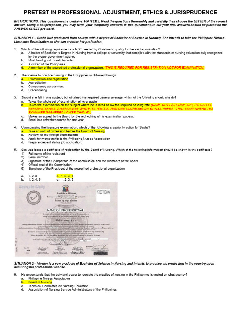 Pre Test in Professional Adjustment Ethics Nov 2023 Answer Key | PDF ...