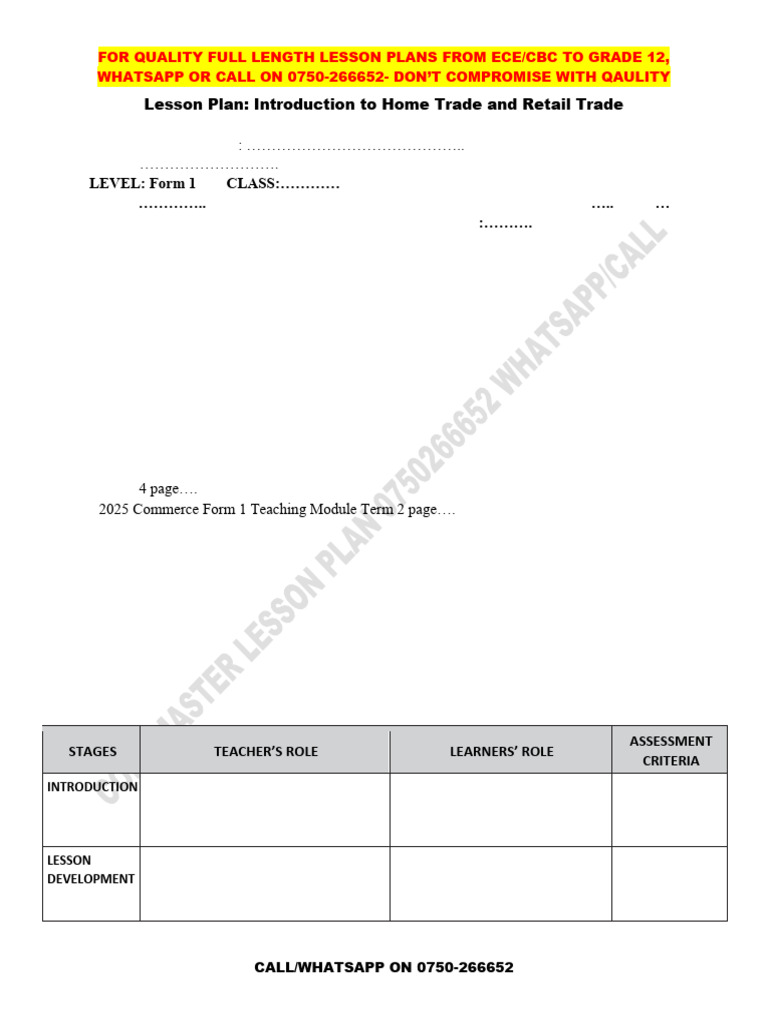 Commerce Form 1 Term 2 Lesson Plans by COMPMASTER 0968585684 - SAMPLE | PDF | Lesson Plan | Learning