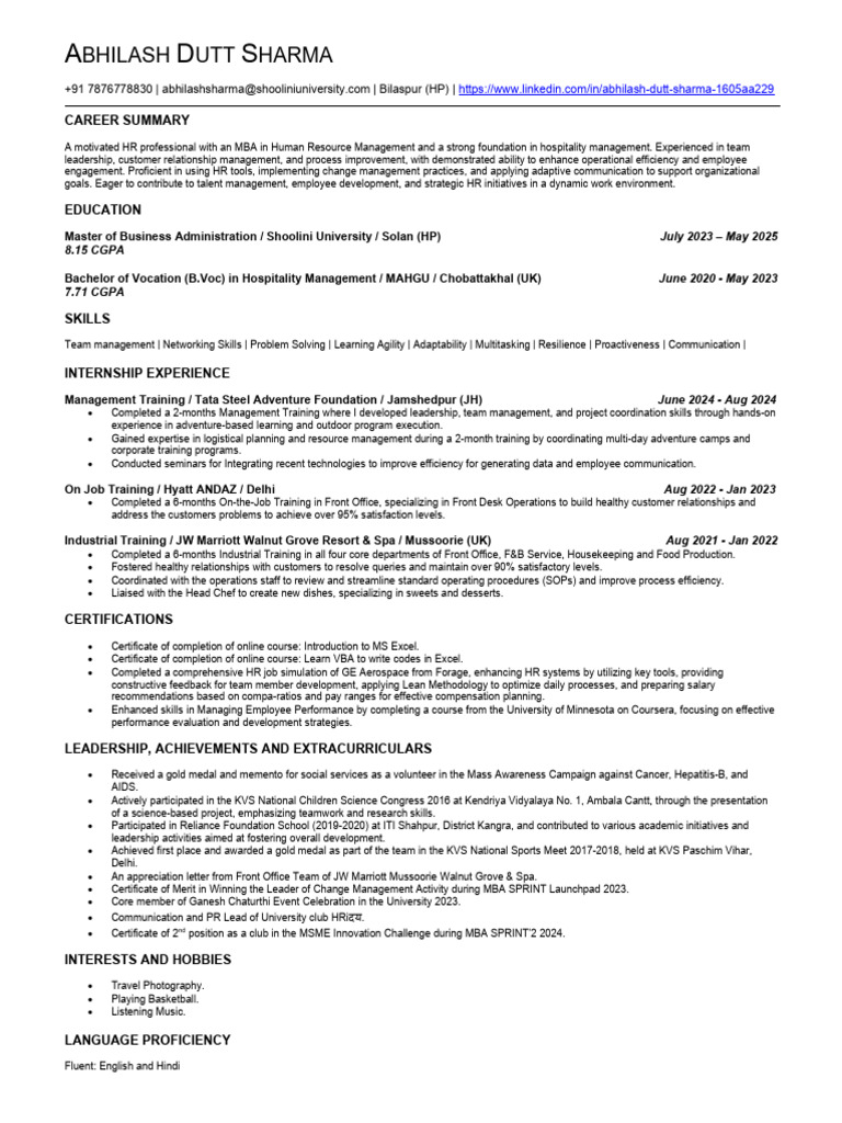 CV Abhilash Dutt Sharma | PDF | Leadership | Business