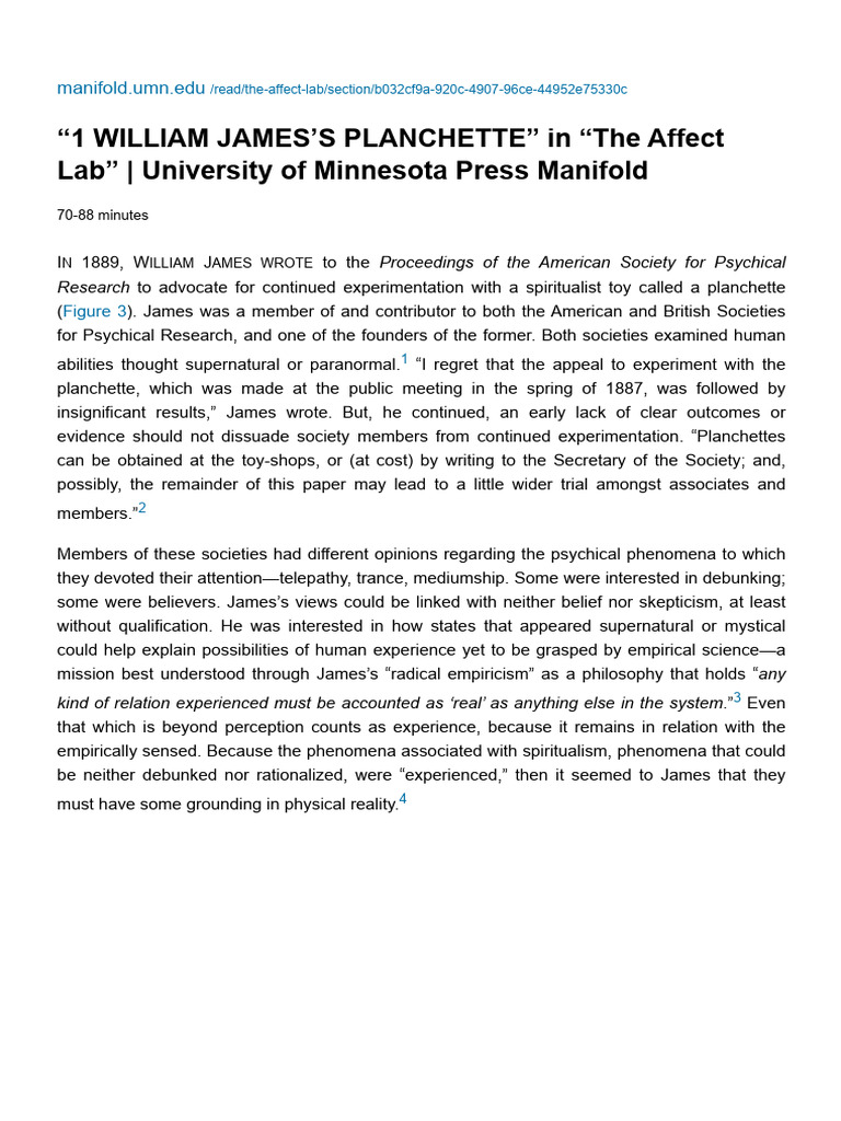 "1 WILLIAM JAMES's PLANCHETTE" in "The Affect Lab" - University of Minnesota Press Manifold ...