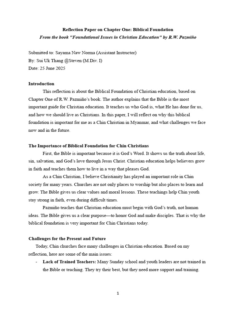 Reflection Paper Chapter One by Steven Sui Uk Thang | PDF | Bible | Faith
