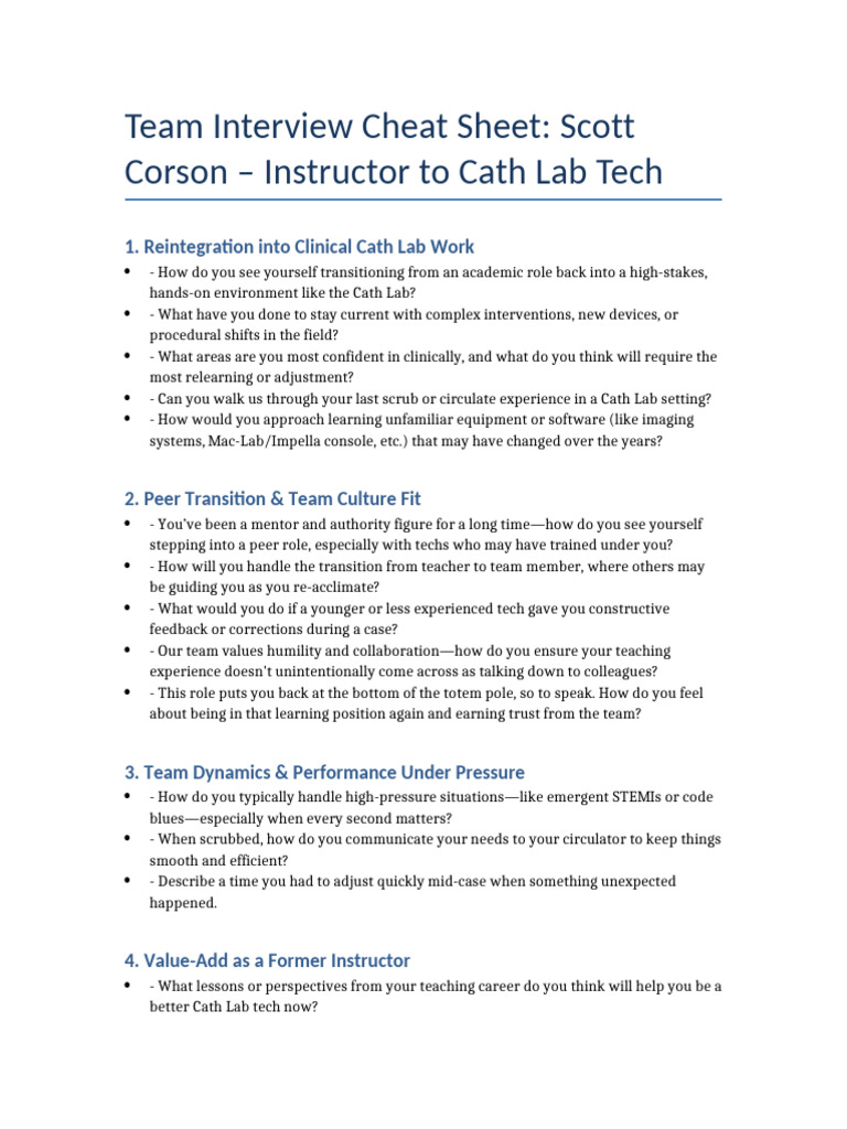 Cath Lab Interview Cheat Sheet Scott Corson | PDF | Learning | Human Communication
