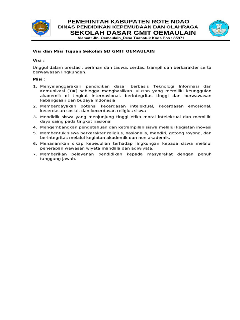 Visi, Misi Dan Tuhuan Sekolah SD Gmit Oemaulain Tahun 2023nn | PDF
