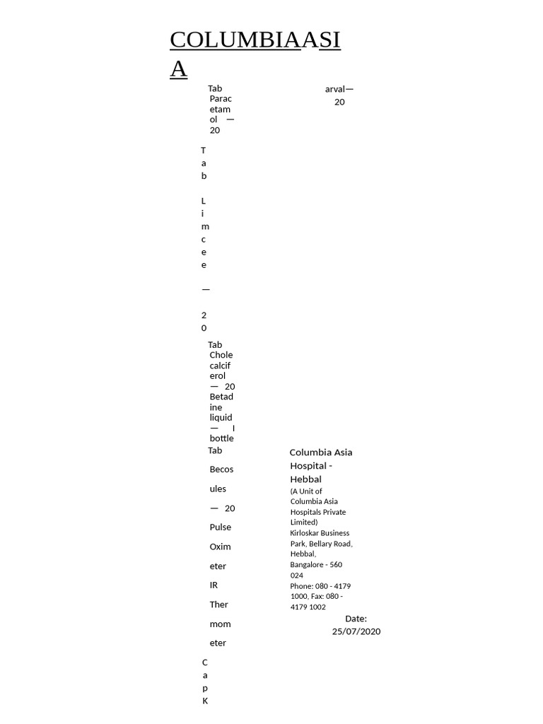 Columbia Asia Prescription Details | PDF