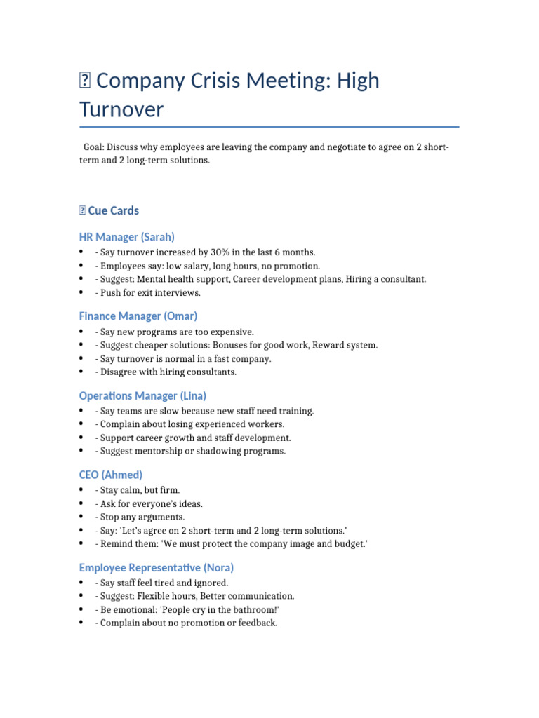 Company Turnover Roleplay Cue Cards | PDF | Turnover (Employment ...