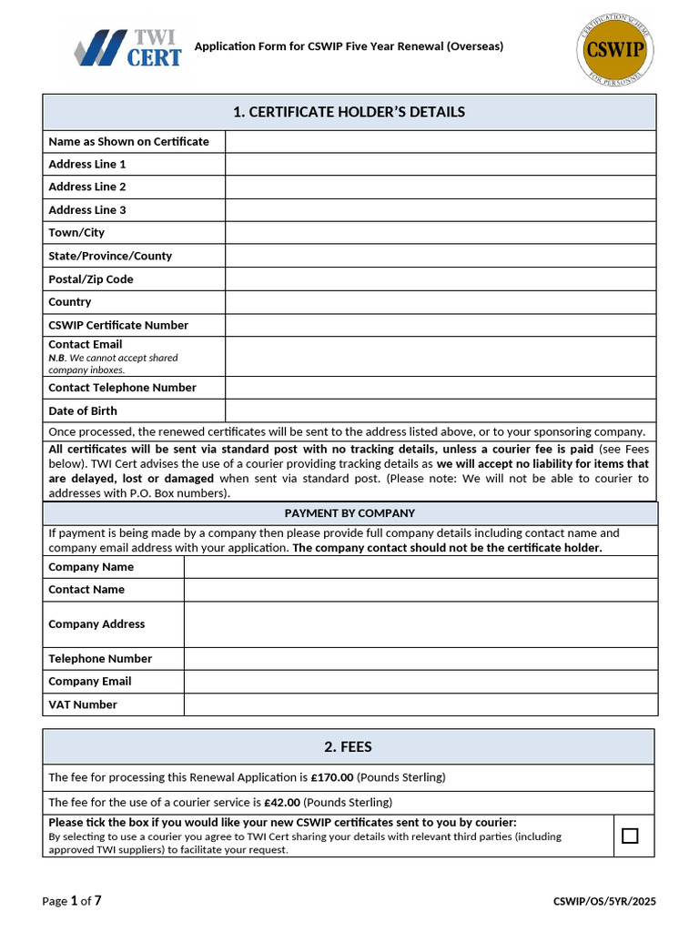 Application Form For CSWIP 5 Year Renewal (Overseas) - v12 June 25 | PDF | Nondestructive ...