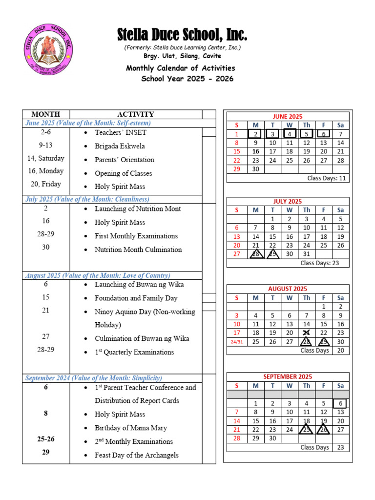 Monthly Calendar of Activities 2025 2026 | PDF | Catholic Church | Holidays