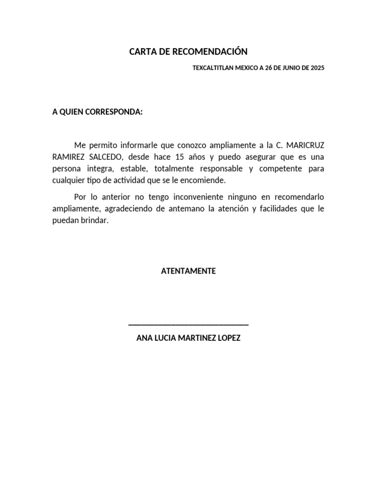 Carta de Referencia Personal para Maricruz | PDF