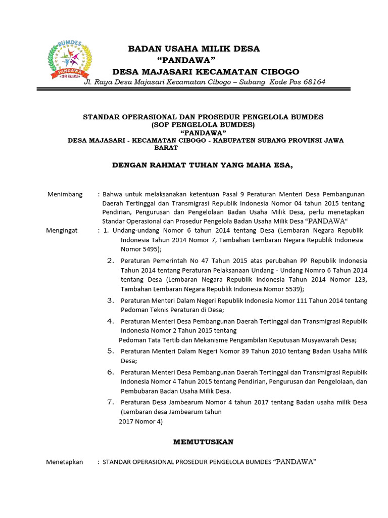 Standar Operasional Dan Prosedur Pengelola Bumdes | PDF