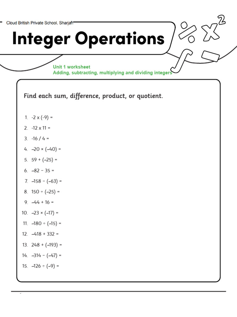Integer Operations Worksheet | PDF