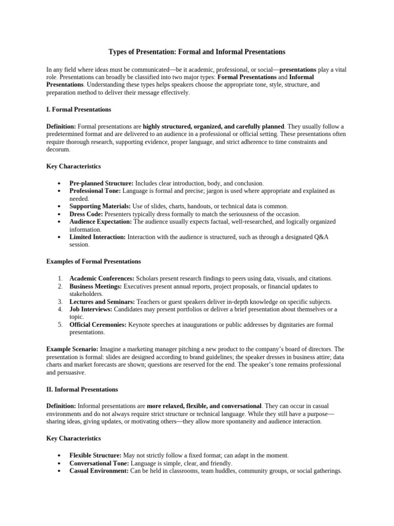 Formal vs Informal Presentations Guide | PDF | Communication | Learning