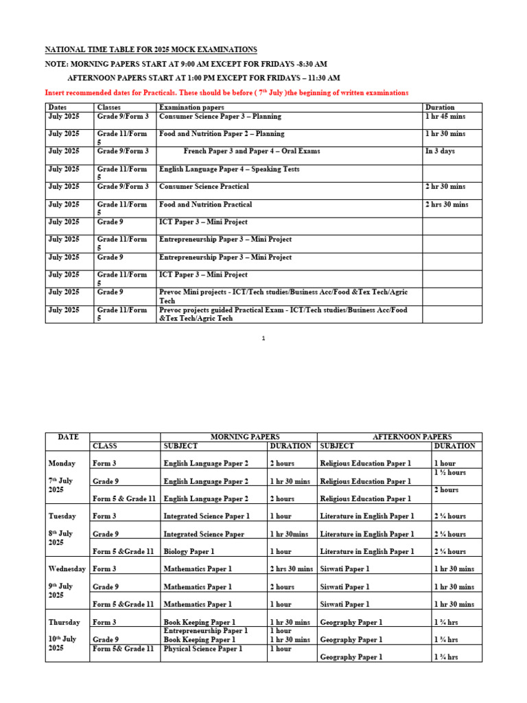 2025 National Mock Exam Timetable | PDF | Educational Stages