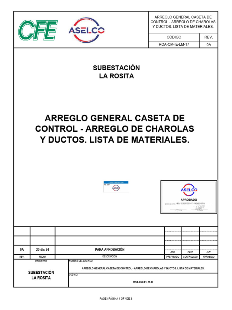 Roa CM Ie PL 17 Arreglo General Caseta de Control Arreglo de Charolas y Ductos Lista de ...
