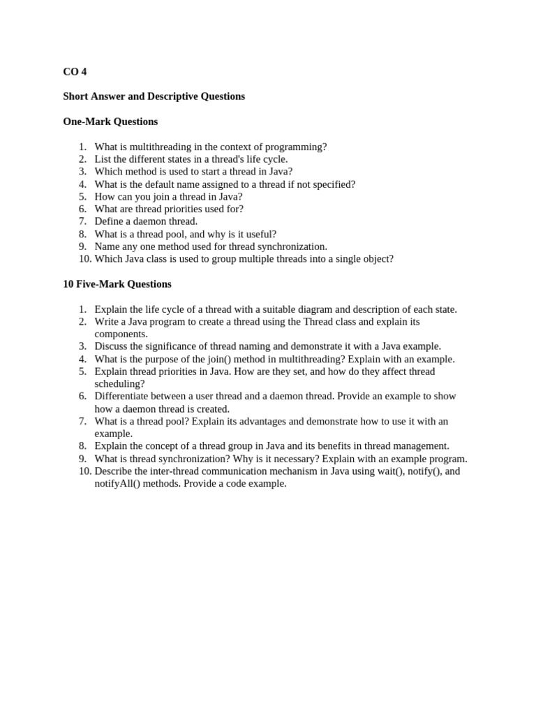 JAVA CO 4 and 5 Short Answer and Descriptive Questions | PDF | Thread ...