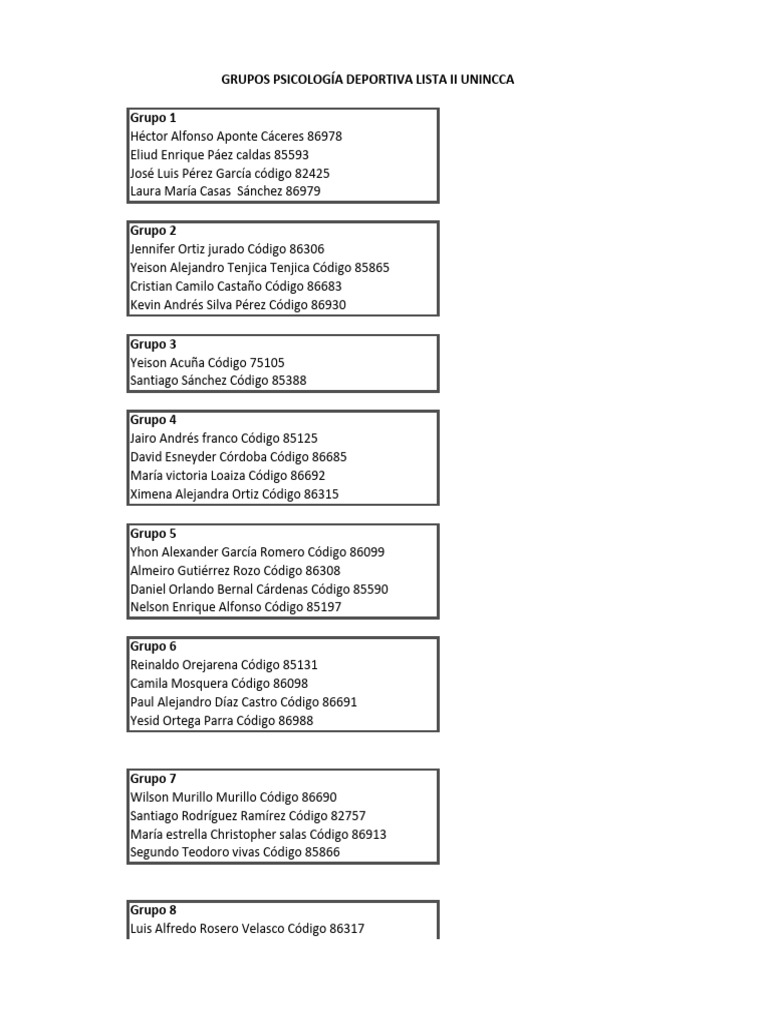Grupos de Estudio Lista II Unicca Cultura Fisica y Deporte | PDF