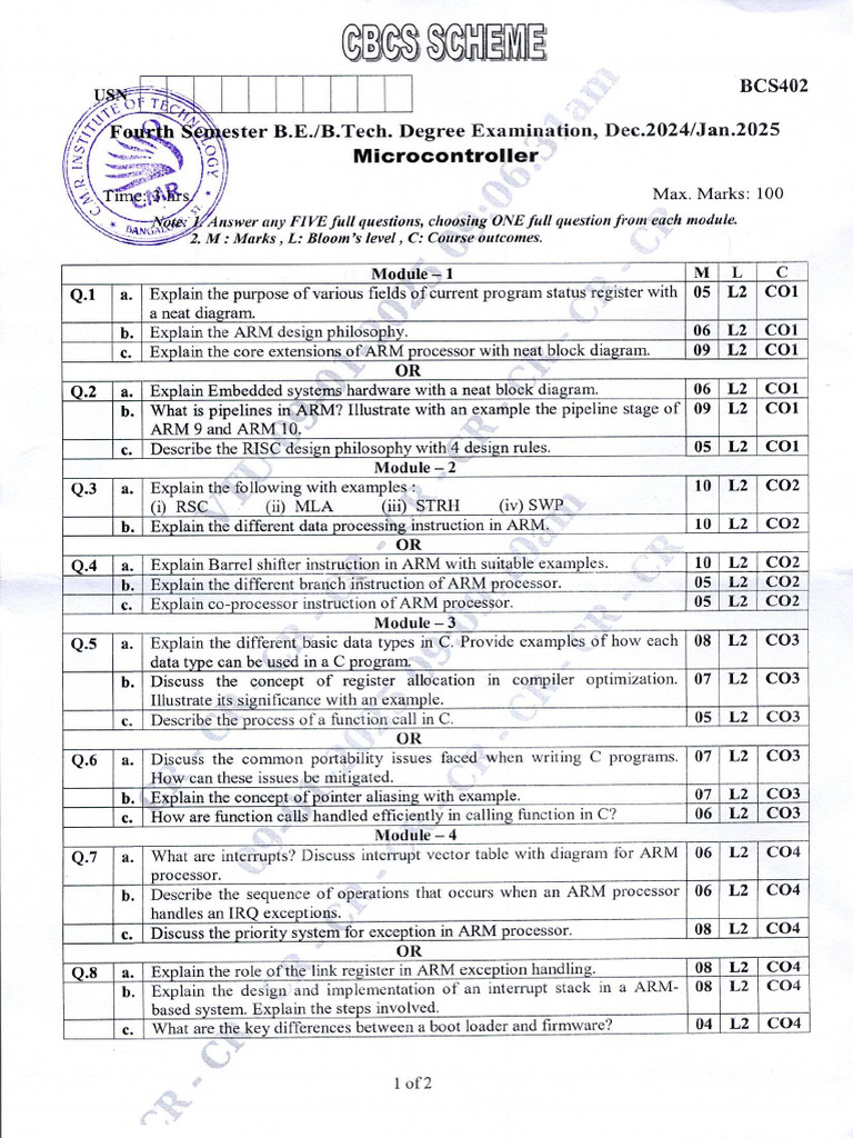 VTU Question Paper of BCS402 Microcontrollers Dec-2024 - Jan-2025 | PDF