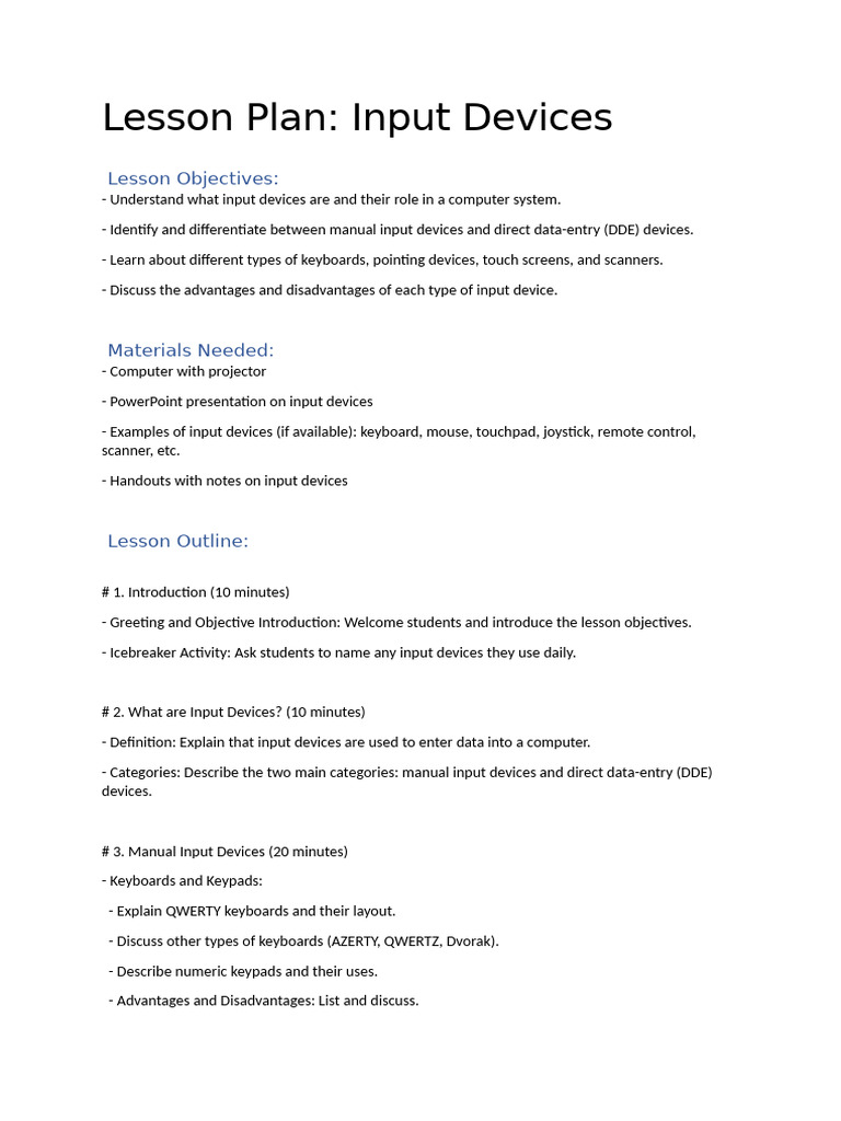 Lesson Plan Input Devices | PDF | Computer Keyboard | Human–Machine Interaction