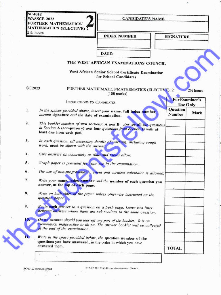 WASSCE Elective Math Past Questions 2023 Objectives | PDF