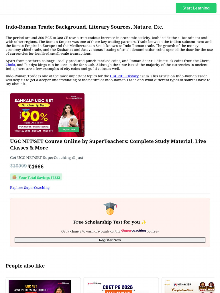 Indo-Roman Trade and Its Significance For UGC NET History Exam | PDF