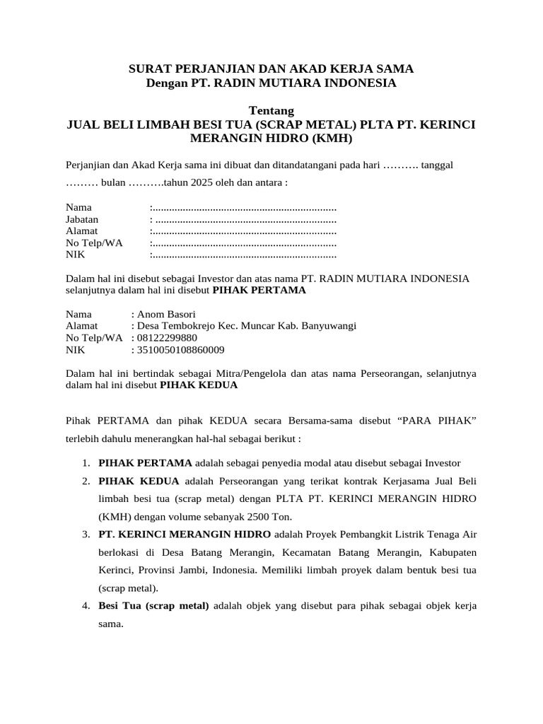 Surat Perjanjian Dan Akad Kerja Sama Project | PDF